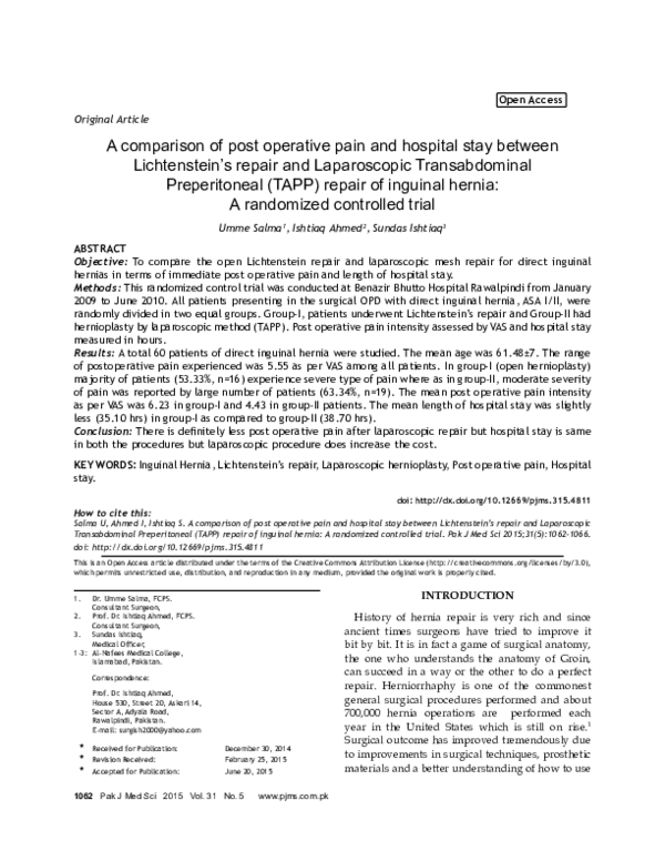 (PDF) A comparison of post operative pain and hospital stay between Lichtenstein’s repair and ...