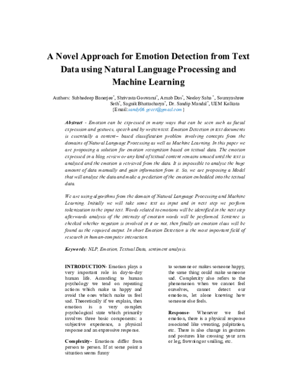 (PDF) A Novel Approach for Emotion Detection from Text Data using ...