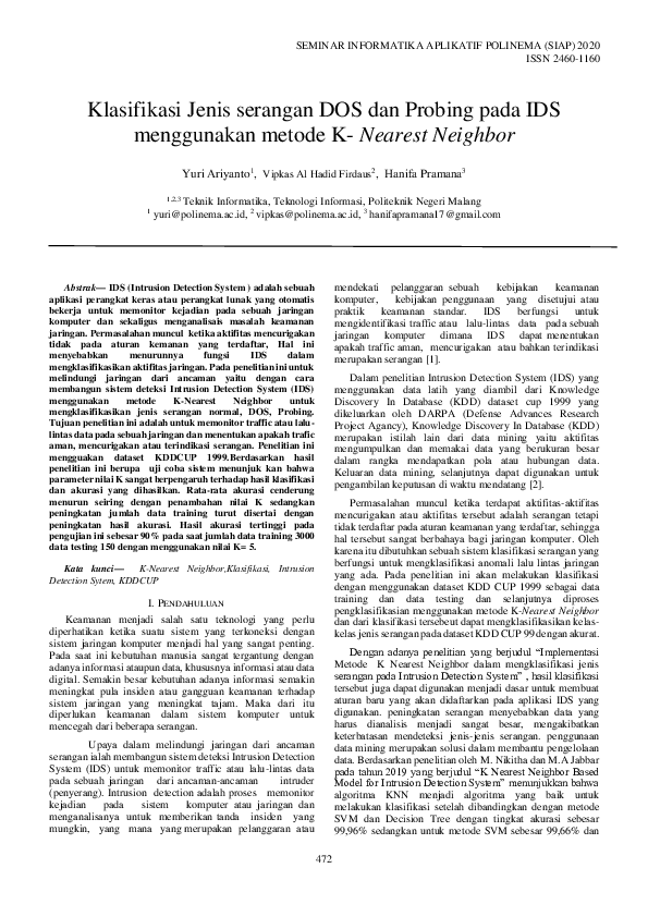 (PDF) Klasifikasi Jenis serangan DOS dan Probing pada IDS menggunakan ...