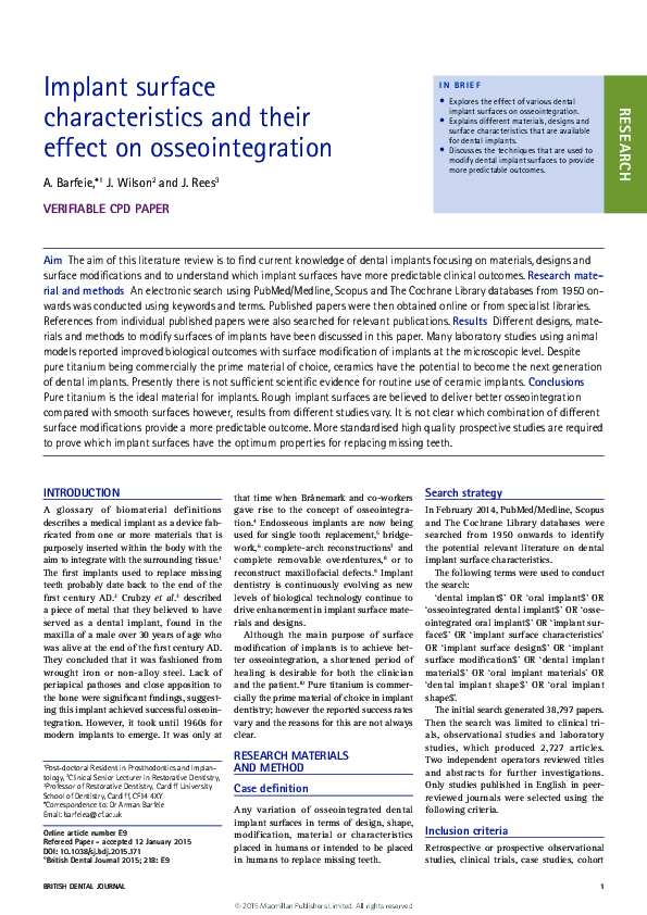 (PDF) Implant surface characteristics and their effect on osseointegration