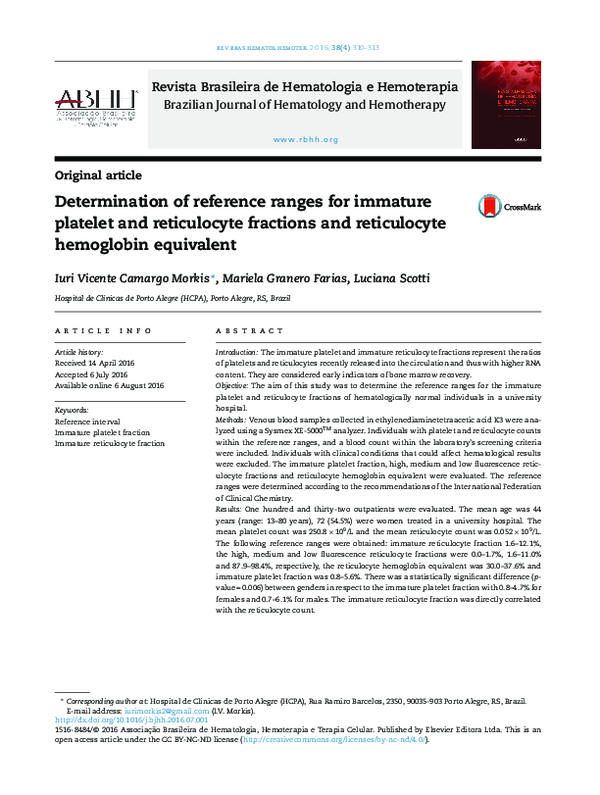 (PDF) Determination of reference ranges for immature platelet and ...