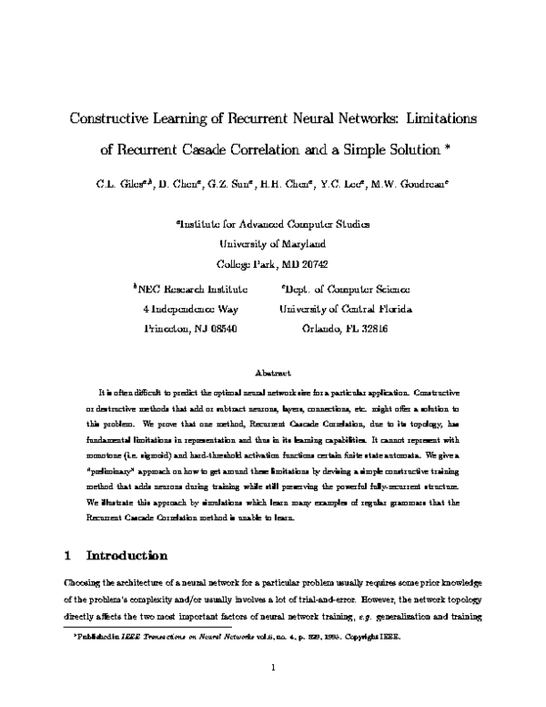 Pdf Constructive Learning Of Recurrent Neural Networks Limitations Of Recurrent Cascade