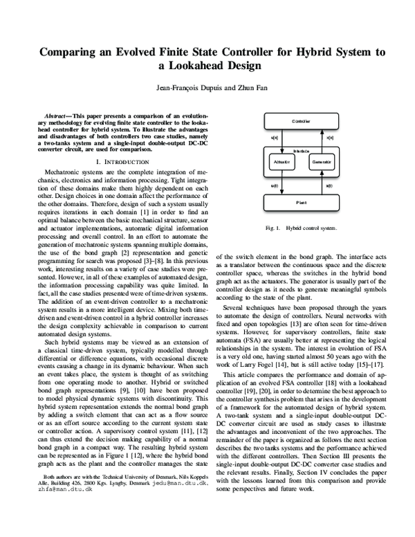 Pdf Comparing An Evolved Finite State Controller For Hybrid System To A Lookahead Design