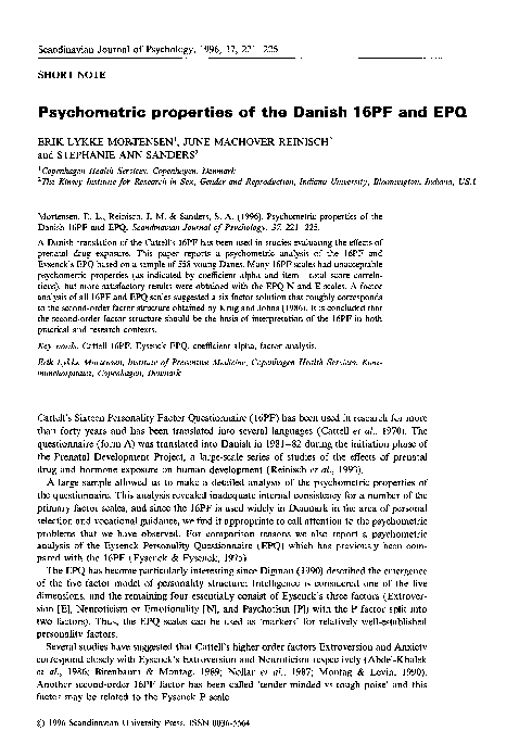 (PDF) Psychometric properties of the Danish 16PF and EPQ