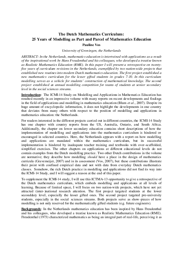 (PDF) The Dutch Mathematics Curriculum: 25 Years of Modelling as Part ...