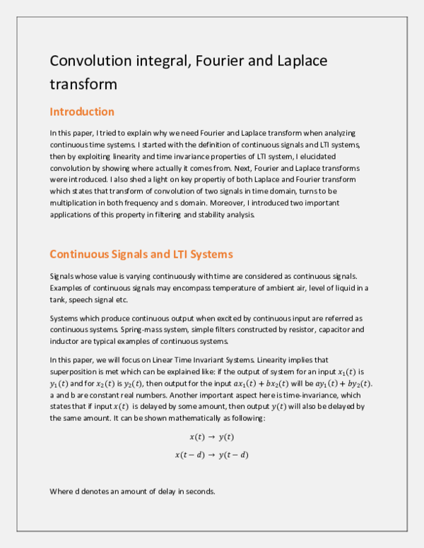 (PDF) Convolution integral, Fourier and Laplace transform