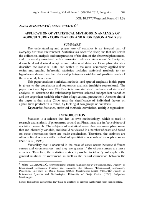 Pdf Application Of Statistical Methods In Analysis Of Agriculture Correlation And Regression