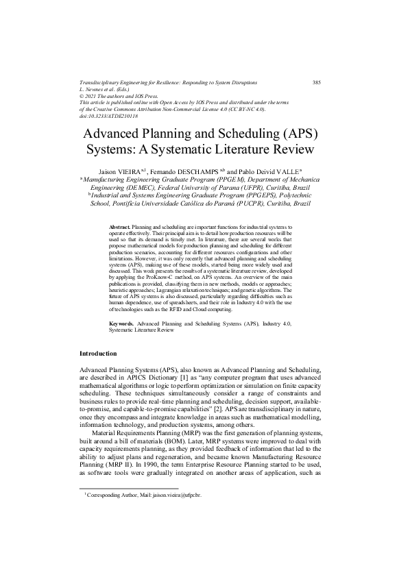 (PDF) Advanced Planning and Scheduling (APS) Systems: A Systematic Literature Review