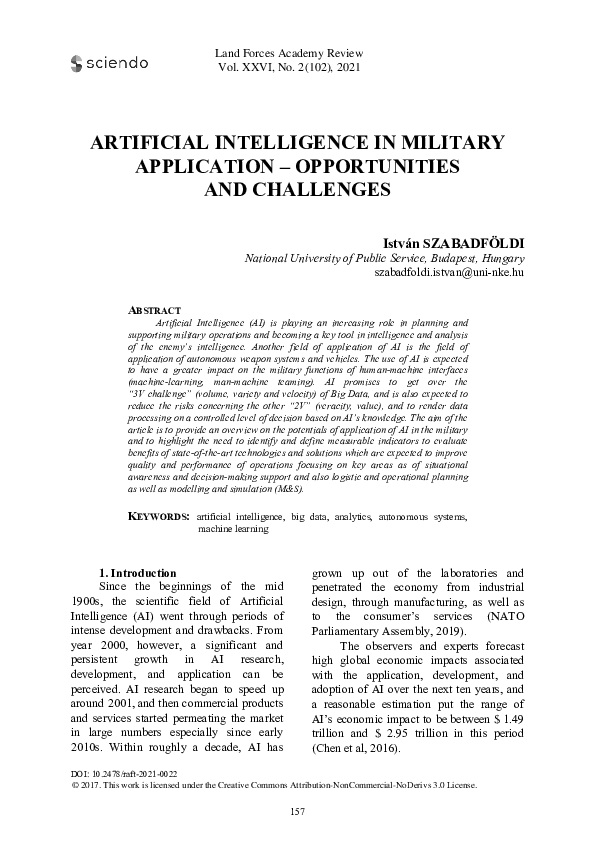 (PDF) Artificial Intelligence in Military Application – Opportunities ...