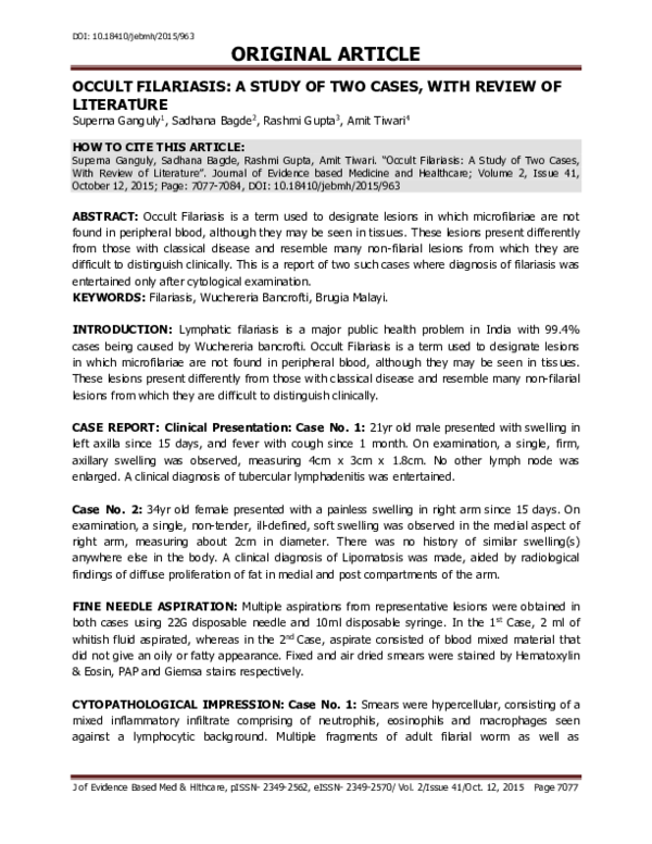 (PDF) Occult Filariasis : A Study of Two Cases, With Review of Literature