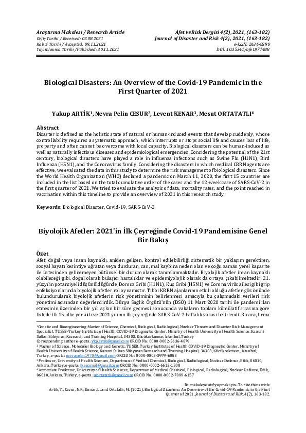 Pdf Biological Disasters An Overview Of The Covid 19 Pandemic In The