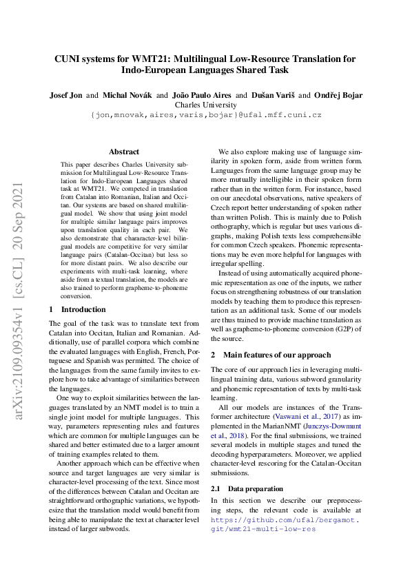 (PDF) CUNI systems for WMT21: Multilingual Low-Resource Translation for ...