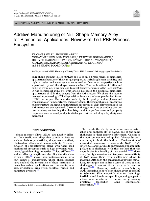 (PDF) Additive Manufacturing of NiTi Shape Memory Alloy for Biomedical Applications: Review of ...