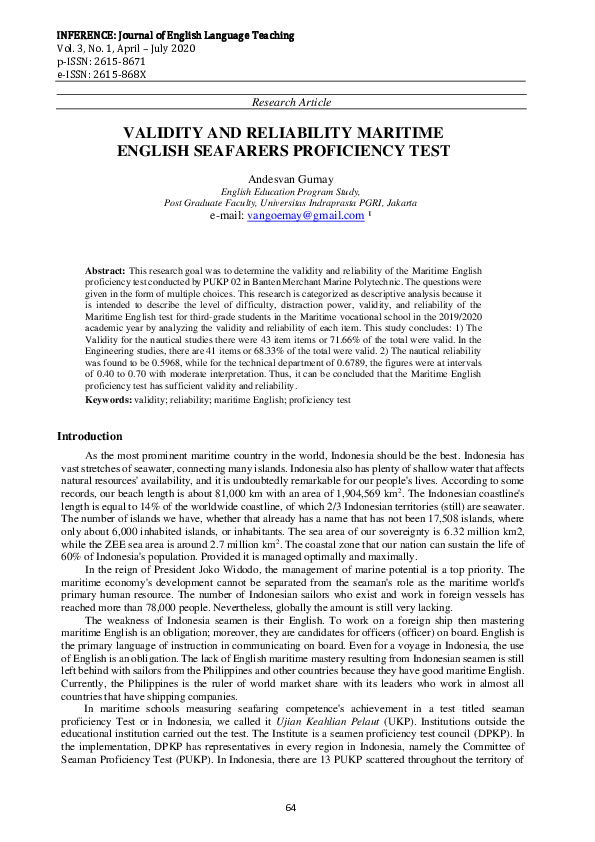 (PDF) Validity and Reliability Maritime English Seafarers Proficiency Test