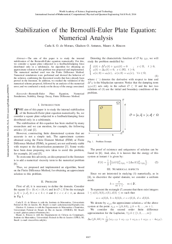 (PDF) Stabilization of the Bernoulli-Euler Plate Equation: Numerical Analysis | Mauro Rincon ...