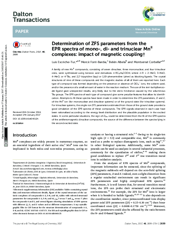 Pdf Determination Of Zfs Parameters From The Epr Spectra Of Mono Di And Trinuclear Mnii