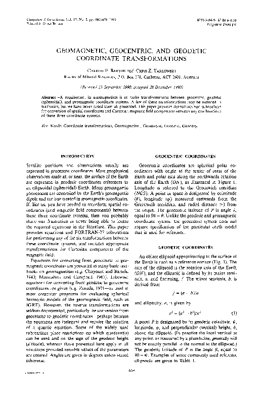 Pdf Geomagnetic Geocentric And Geodetic Coordinate Transformations