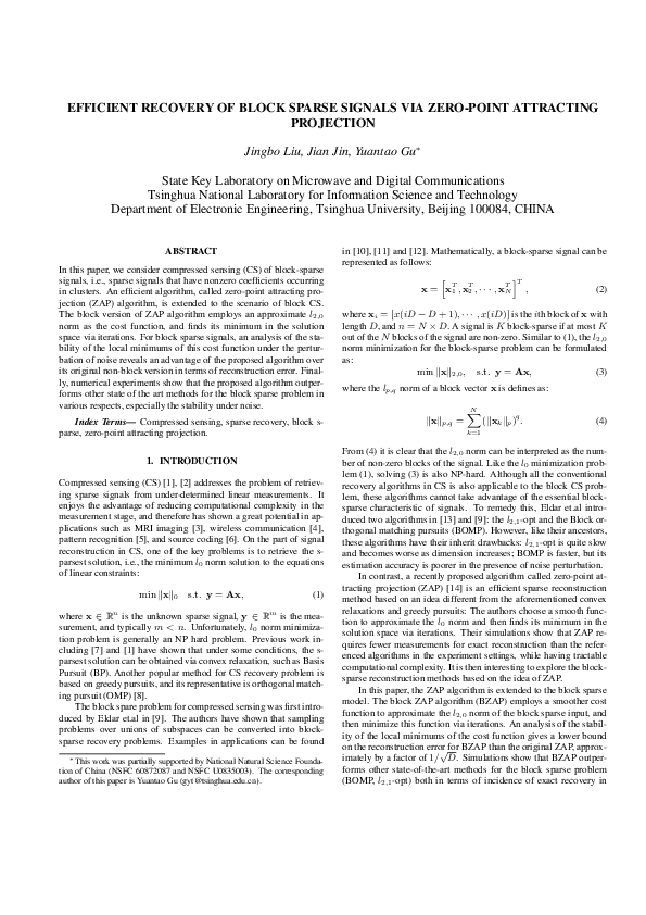 Pdf Efficient Recovery Of Block Sparse Signals Via Zero Point Attracting Projection Jingbo