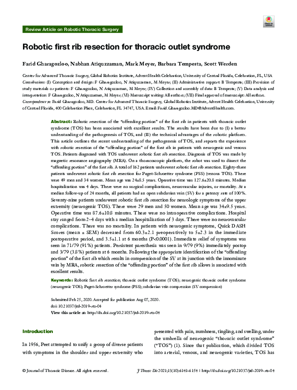 (PDF) Robotic first rib resection for thoracic outlet syndrome | Nabhan ...