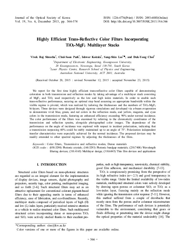 (PDF) Efficient TiO2-MgF2 Color Filters via Multilayers
