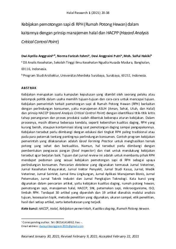 (PDF) Kebijakan Pemotongan Sapi di RPH (Rumah Potong Hewan) Dalam ...