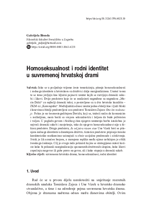 (PDF) Homoseksualnost i rodni identitet u suvremenoj hrvatskoj drami