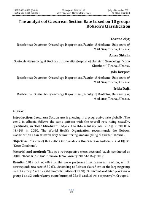 (PDF) The analysis of Caesarean Section Rate based on 10 groups Robson’s Classification