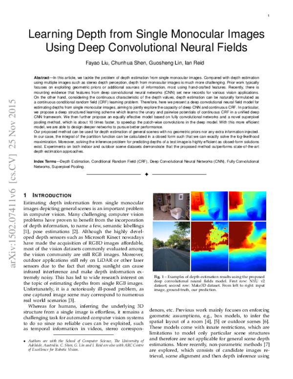 (PDF) Learning Depth from Single Monocular Images Using Deep Convolutional Neural Fields