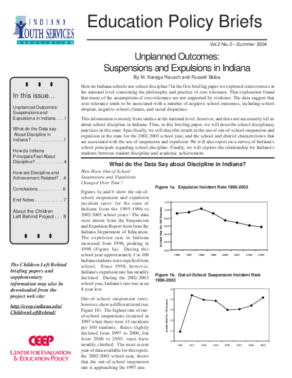 (PDF) Unplanned Outcomes: Suspensions and Expulsions in Indiana. Education Policy Briefs. Volume ...