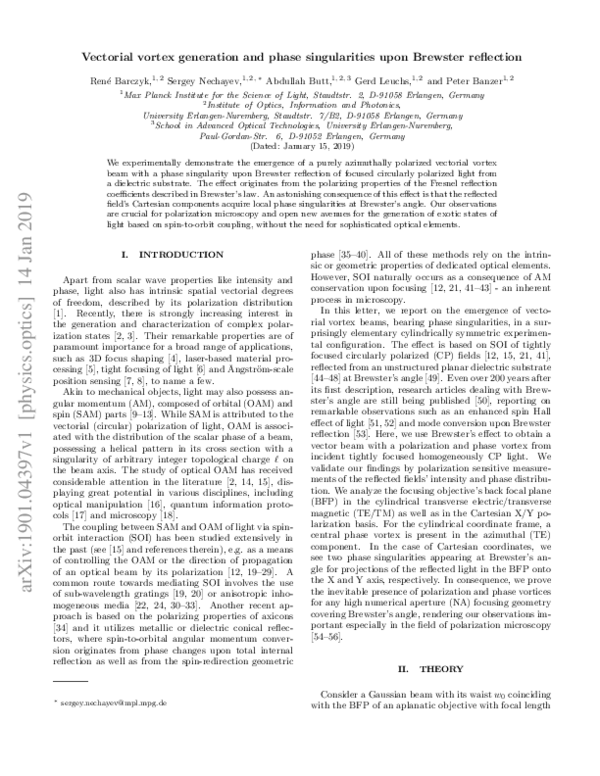 (PDF) Vectorial vortex generation and phase singularities upon Brewster ...