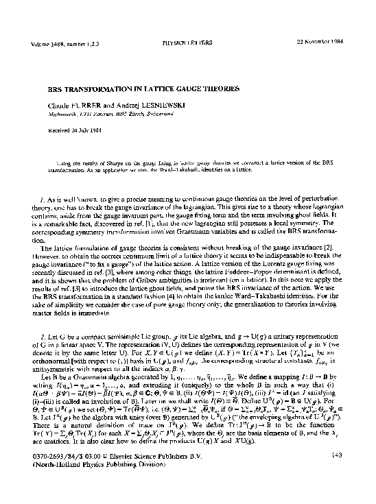 (PDF) BRS transformation in lattice gauge theories | Andrew Lesniewski ...