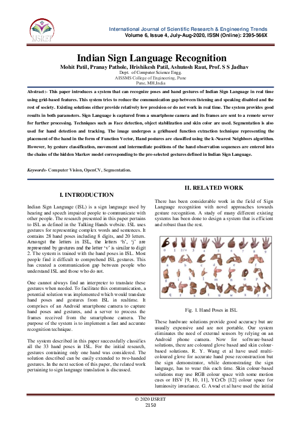 (PDF) Indian Sign Language Recognition