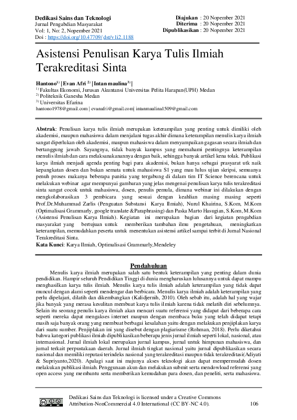 (PDF) Asistensi Penulisan Karya Tulis Ilmiah Terakreditasi Sinta | Evan ...
