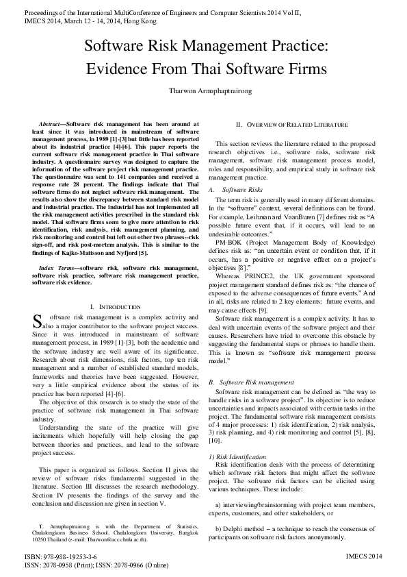(PDF) Software Risk Management Practice : Evidence From Thai Software Firms