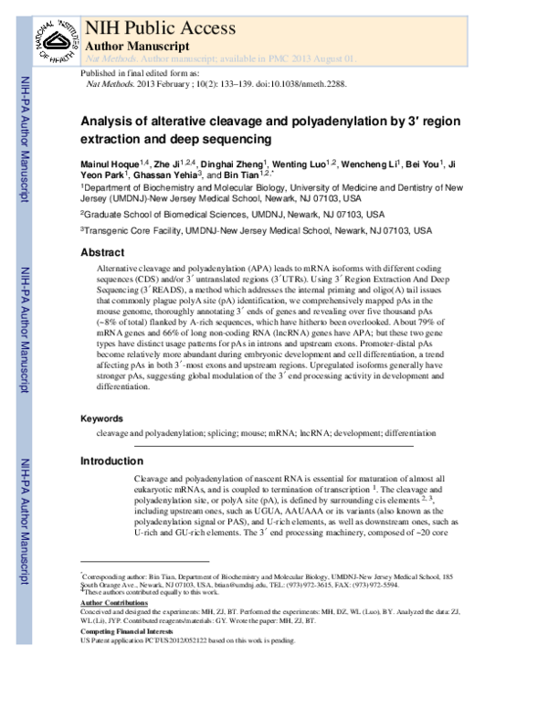 (PDF) Analysis of alternative cleavage and polyadenylation by 3 [prime] region extraction and ...