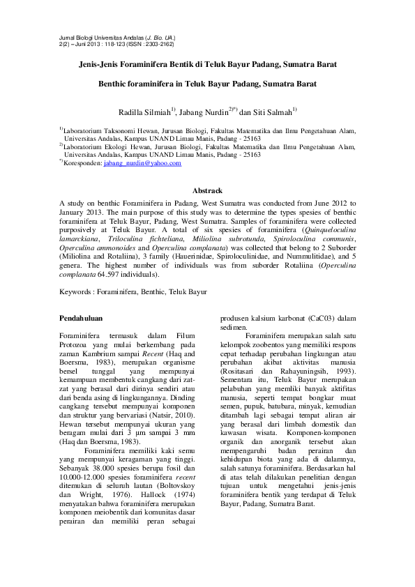 (PDF) Jenis-Jenis Foraminifera Bentik di Teluk Bayur Padang, Sumatra Barat