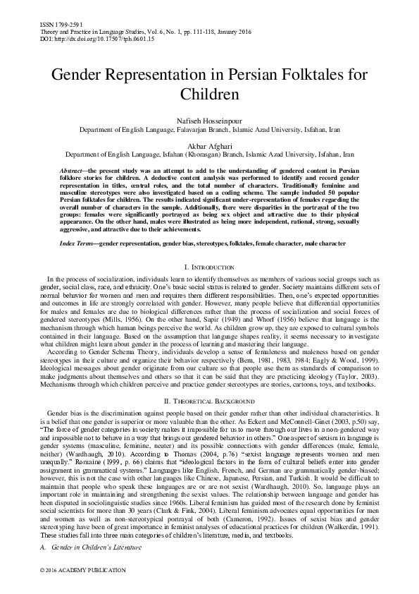 (PDF) Gender Representation in Persian Folktales for Children
