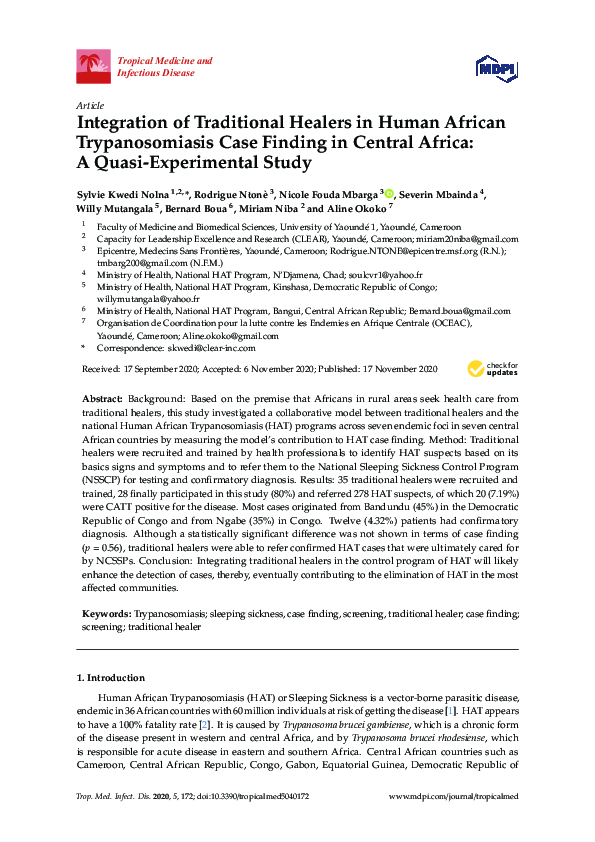 (PDF) Traditional Healers' Role in HAT Case Finding in Central Africa