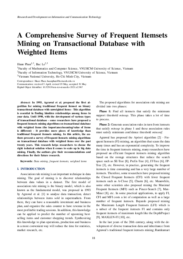 Pdf A Comprehensive Survey Of Frequent Itemsets Mining On Transactional Database With Weighted