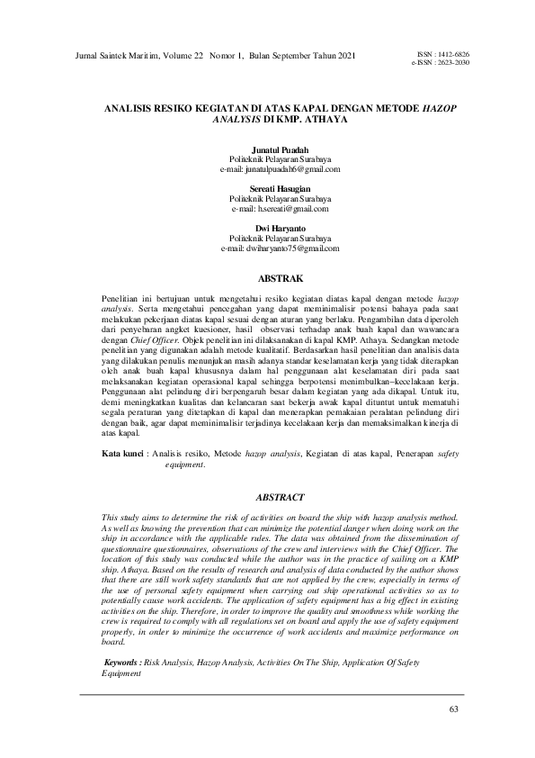 Identifikasi Resiko Kegiatan DI Atas Kapal Dengan Metode Hazop Analysis DI Kmp. Athaya