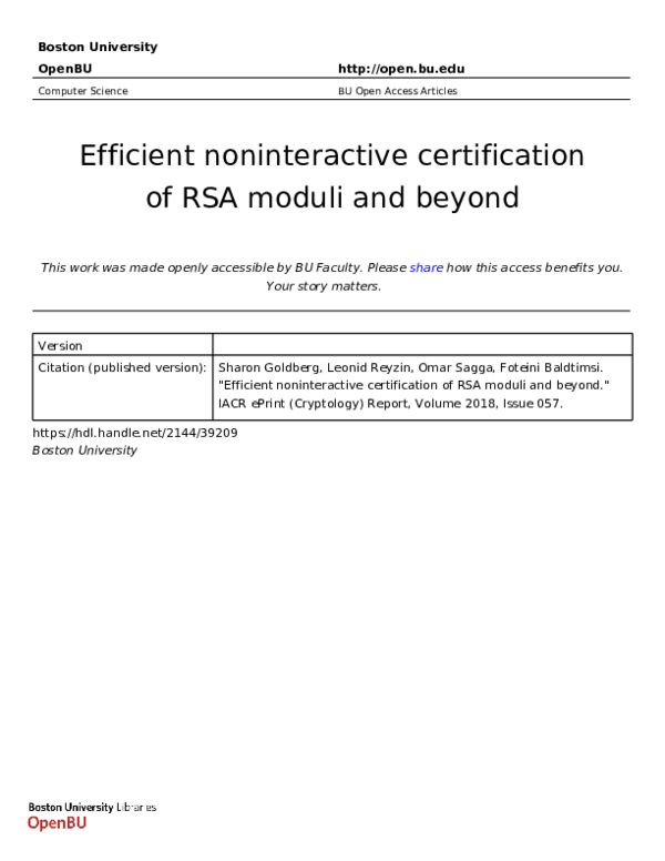 (PDF) Efficient Noninteractive Certification of RSA Moduli and Beyond
