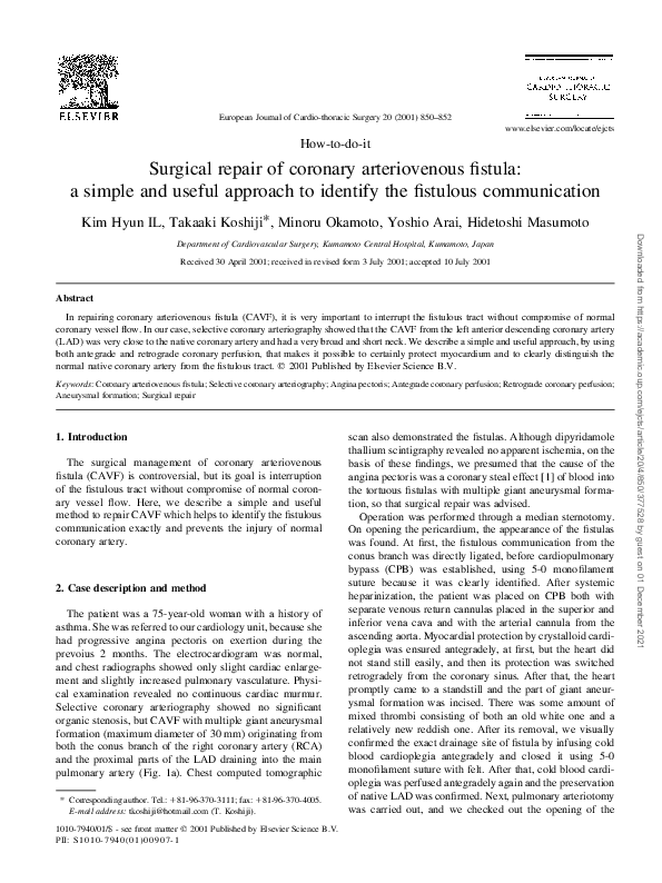 (PDF) Surgical repair of coronary arteriovenous fistula: a simple and ...