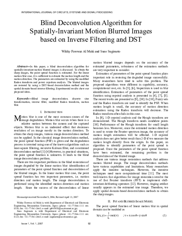 Pdf Blind Deconvolution Algorithm For Spatially Invariant Motion Blurred Images Based On