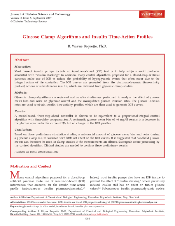 (PDF) Glucose Clamp Algorithms and Insulin Time-Action Profiles