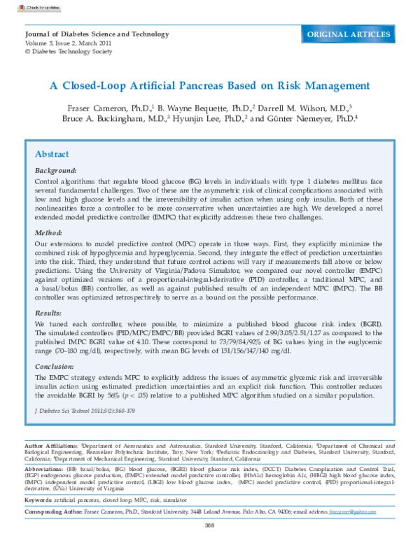 (PDF) A Closed-Loop Artificial Pancreas Based on Risk Management