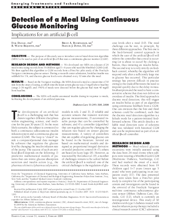 Pdf Detection Of A Meal Using Continuous Glucose Monitoring Cgm