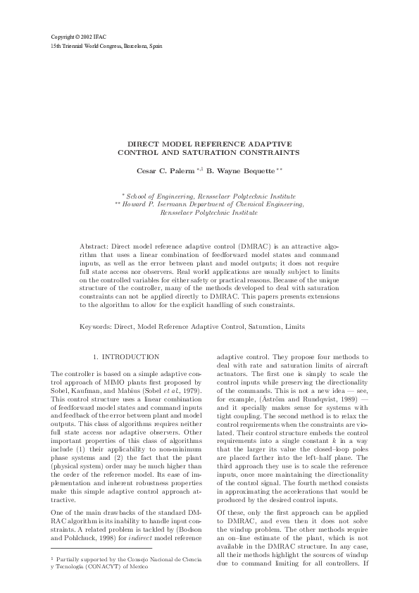Pdf Direct Model Reference Adaptive Control And Saturation Constraints