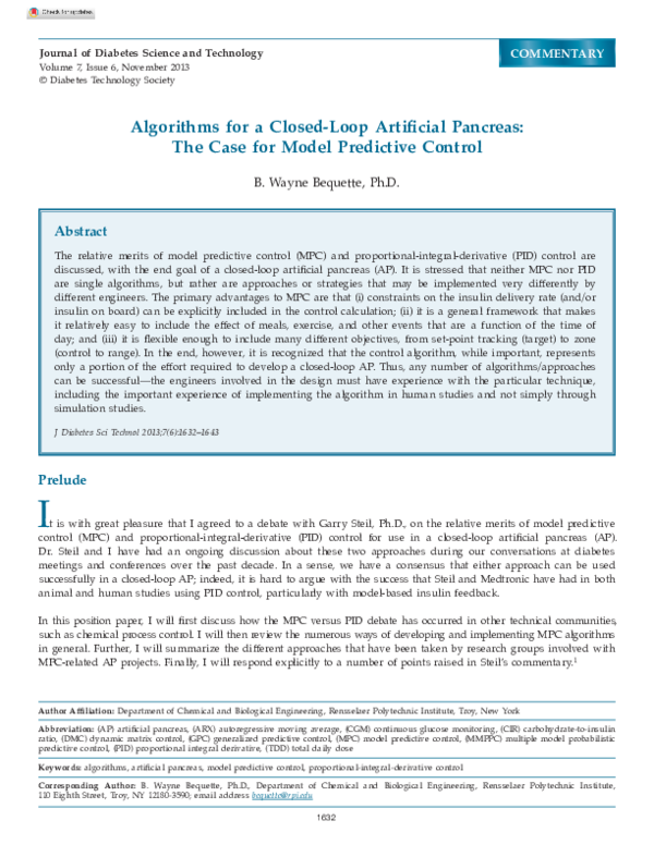 Pdf Algorithms For A Closed Loop Artificial Pancreas The Case For