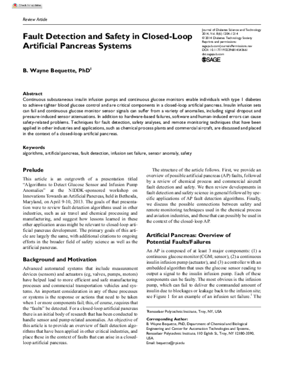 (PDF) Fault Detection and Safety in Closed-Loop Artificial Pancreas Systems