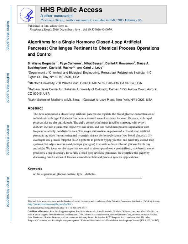 (PDF) Algorithms for a Single Hormone Closed-Loop Artificial Pancreas: Challenges Pertinent to ...